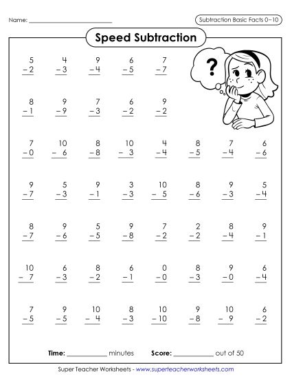 Speed Subtraction 0-10 (Version 3) Printable PDF Worksheet