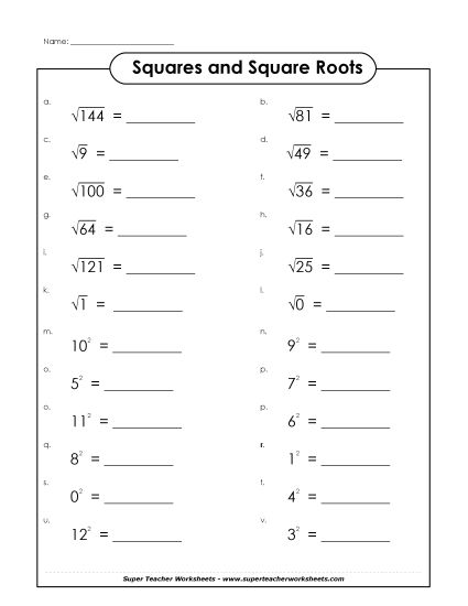 Squares and Square Roots Printable Multiplication Squareroots PDF ...