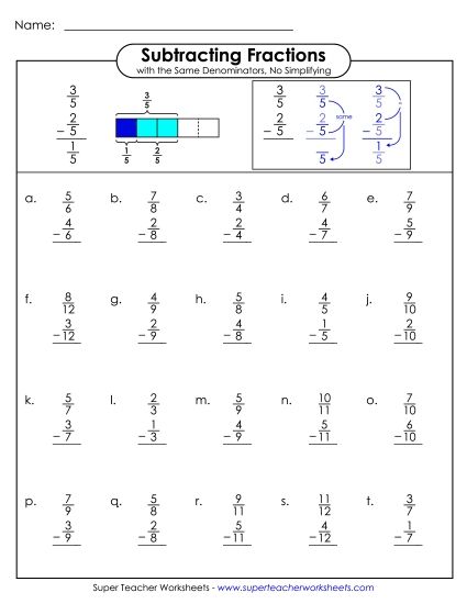 Subtracting Fractions Printable PDF Worksheet