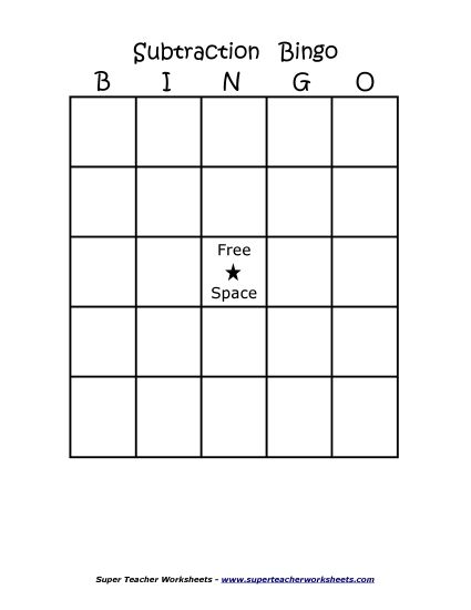 Subtraction Facts Bingo (Basic Facts) Printable PDF Worksheet