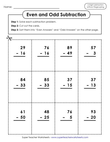 Subtraction Problems: Even/Odd Sort Printable PDF Worksheet for Kids