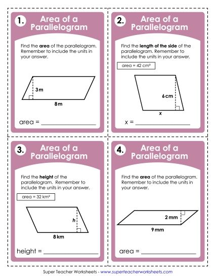 Task Cards: Areas of Parallelograms Printable PDF Worksheet for Kids