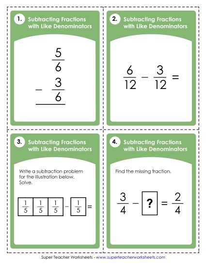 Task Cards: Subtraction Fractions w/ Like Denominators Printable PDF ...