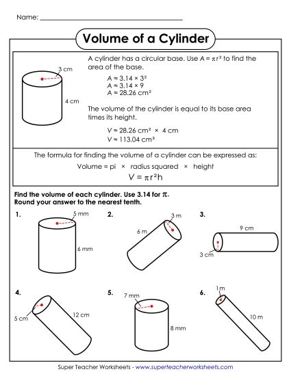 Volumes of Cylinders Printable PDF Worksheet