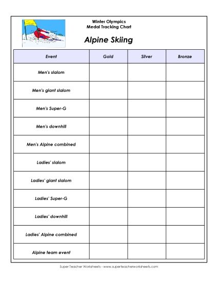 Winter Olympics: Medal Chart Printable PDF Worksheet