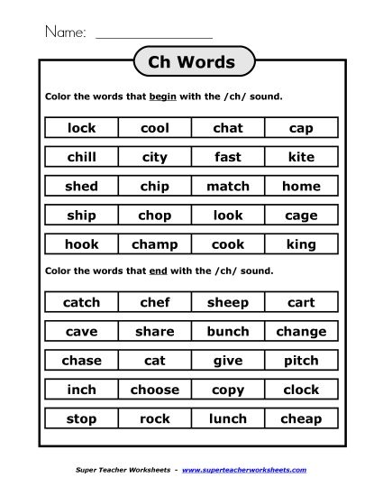 Word Color - /ch/ Printable Phonics Ch PDF Worksheet for Kids