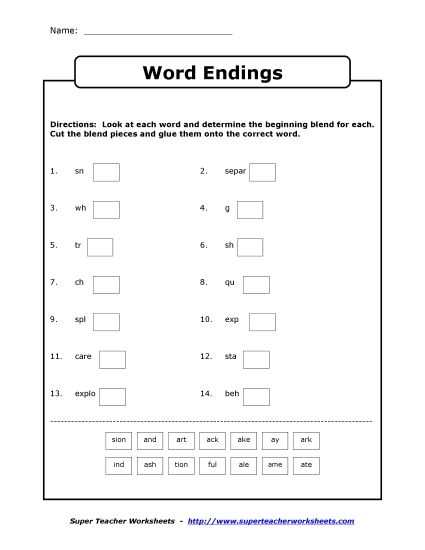 Word Endings (Cut and Glue) Printable Phonics Cut And Paste PDF Worksheet