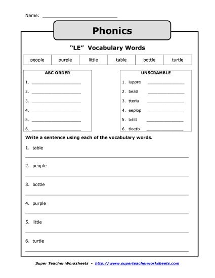 Words with "le" Printable Phonics Le Vocabulary Skills PDF Worksheet ...