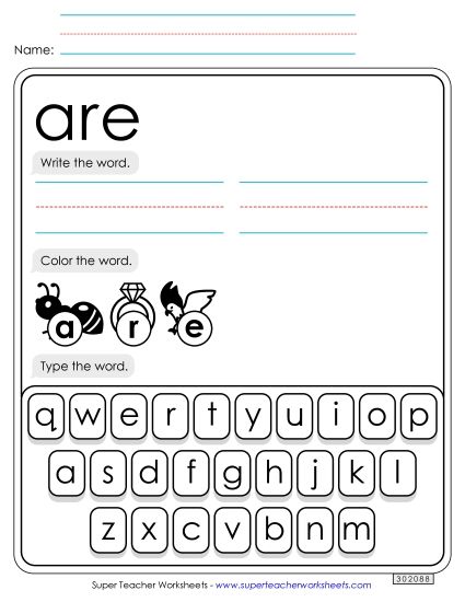 Write, Color, Type: Are Printable Sight Words Individual Type PDF Worksheet