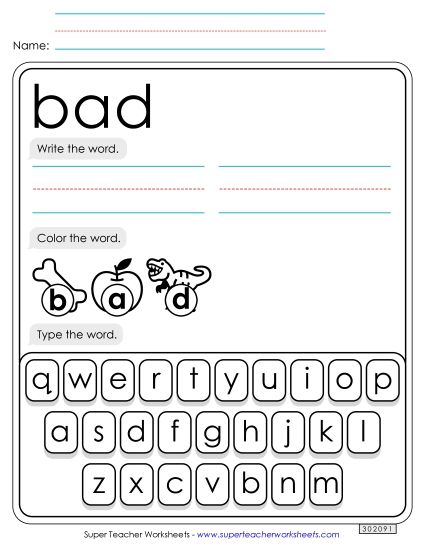 Write, Color, Type: Bad Printable Sight Words Individual Type PDF Worksheet