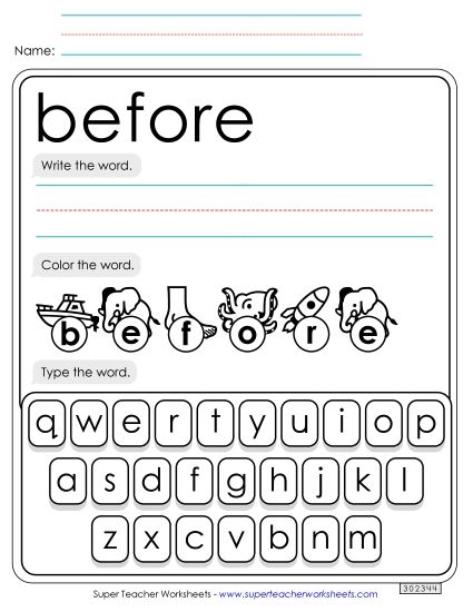 Write, Color, Type: Before Printable Sight Words Individual Type PDF ...