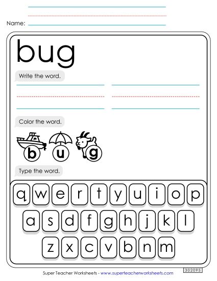 Write, Color, Type: Bug Printable Sight Words Individual Type PDF Worksheet