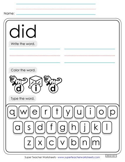 Write, Color, Type: Did Printable Sight Words Individual Type PDF Worksheet