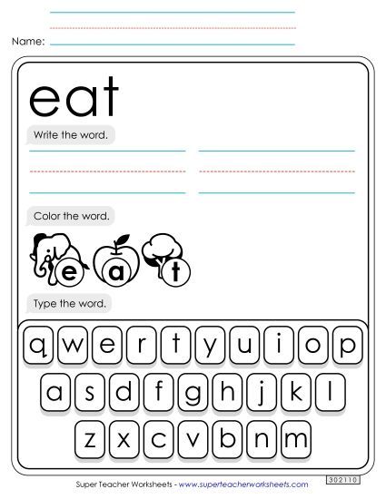Write, Color, Type: Eat Printable Sight Words Individual Type PDF Worksheet