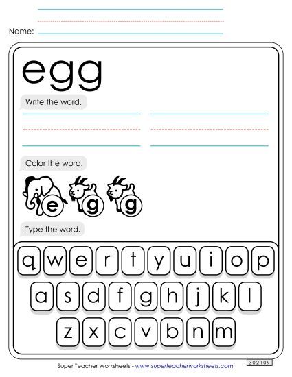 Write, Color, Type: Egg Printable Sight Words Individual Type PDF Worksheet