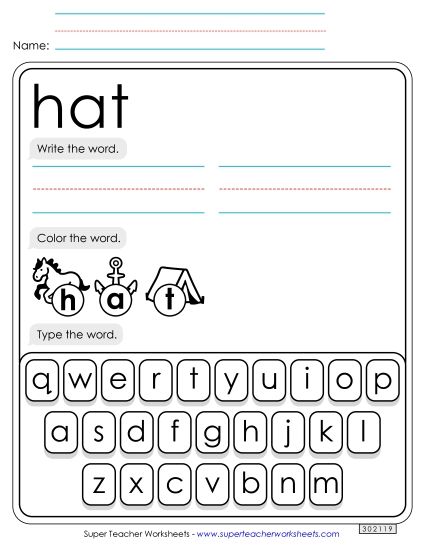 Write, Color, Type: Hat Printable Sight Words Individual Type PDF Worksheet
