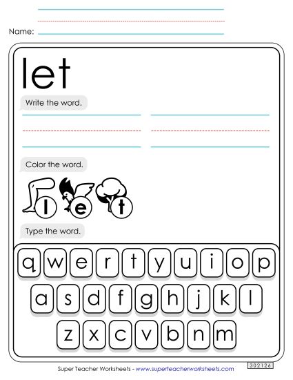 Write, Color, Type: Let Printable Sight Words Individual Type PDF Worksheet