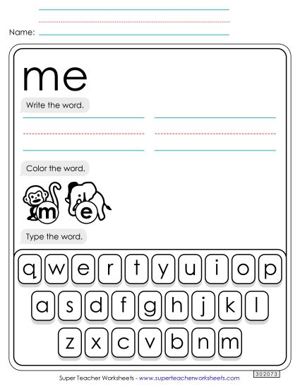 Write, Color, Type: Me Printable Sight Words Individual Type PDF Worksheet