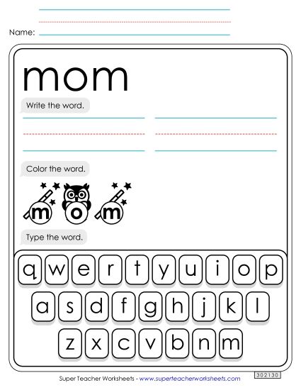 Write, Color, Type: Mom Printable Sight Words Individual Type PDF Worksheet
