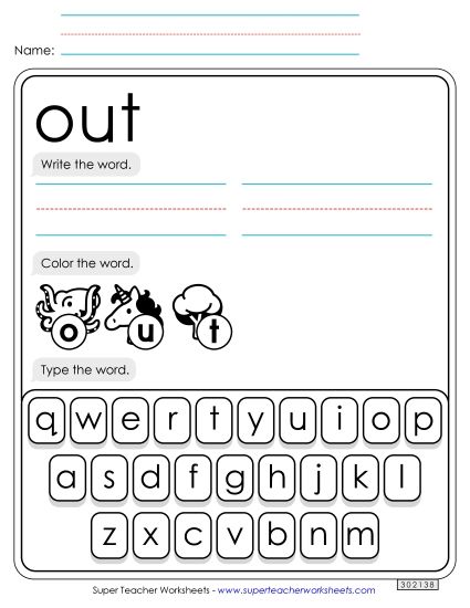 Write, Color, Type: Out Printable Sight Words Individual Type PDF Worksheet
