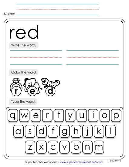 Write, Color, Type: Red Printable Sight Words Individual Type PDF Worksheet