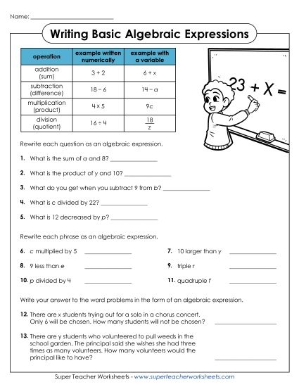 Writing Algebraic Expressions Printable PDF Worksheet